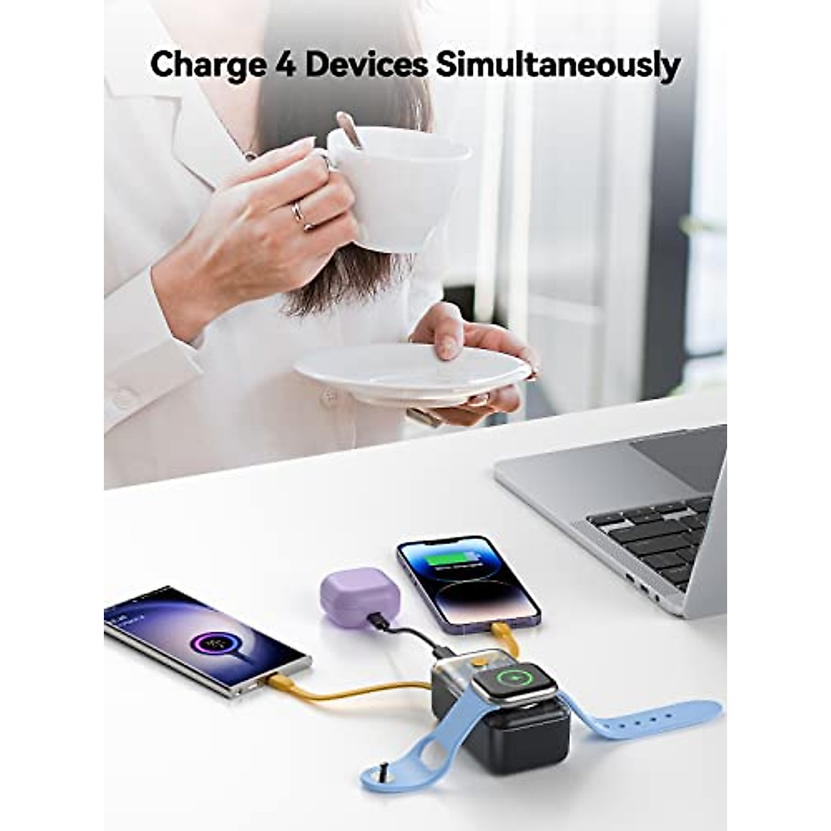 NEWDERY for Apple Watch Charger, 10000mAh Portable Charger Power Bank Built-in Cables, USB C Fast Charging External Battery Pack with LED Display for iPhone15/14/13/12/iWatch/Airpods/Galaxy Phones