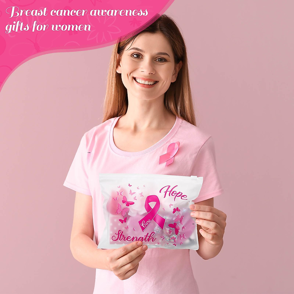 Silkfly 150 Pcs Breast Cancer Awareness Bulk Gifts Makeup Bags EVA Hope Cure Strength Cancer Survivor Gifts for Women Waterproof Portable Toiletry Bag Zipper for Public Charity Party Supplies