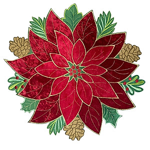 KEVA Holiday Christmas Placemats Set of 4, Embroidered Red Velvet Poinsettia Cutwork Christmas Table Decorations for Home and Kitchen, Red Placemats 16inch Round