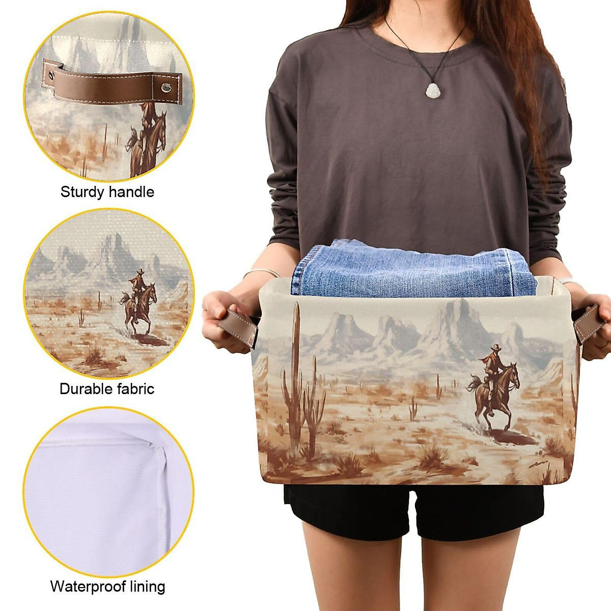 YETTASBIN Western Cowboy Storage Basket 1pc, Large Collapsible Toys Clothes Organizer, Durable Canvas Storage Bin with Handle for Shelves Closet Laundry Home Office Decor