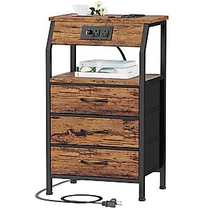 Furnulem Night Stand with Charging Station, Small Bedside Table with Wood Shelf, End Table with USB Ports & Outlets, 3 Fabric Drawers Side Table for Bedroom, Closet, 3 Ways to Use, Rustic Brown