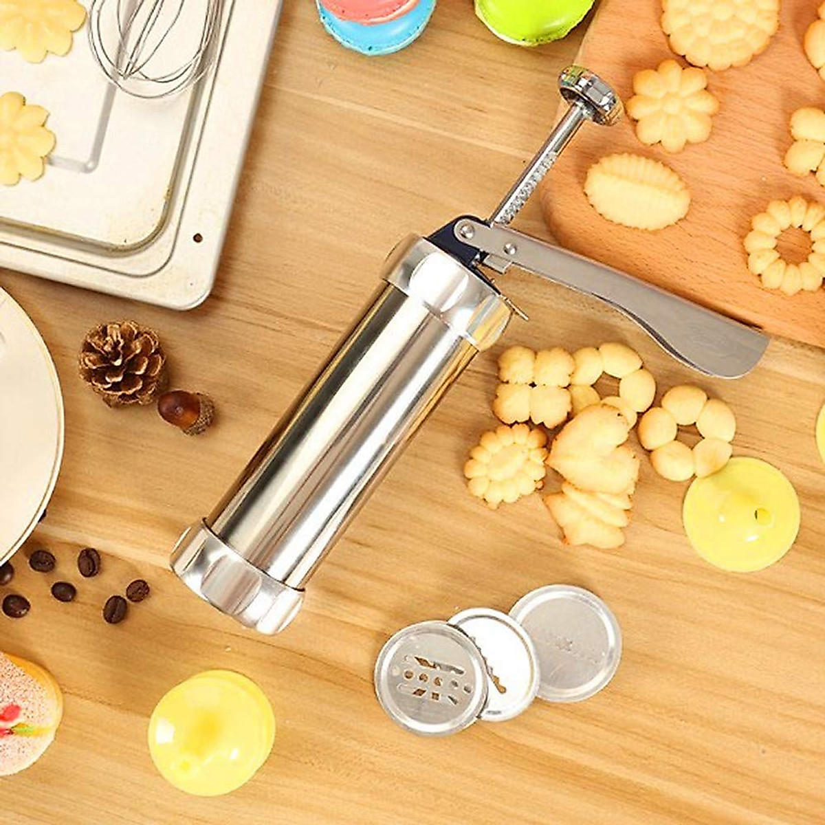 YOOUSOO Cookie Maker Cookie Press Gun, Kit Stainless Steel Biscuit Press Maker (with 20 Disc and 4 Nozzles) Homemade Baking Tool Biscuit Cake Dessert DIY Maker and Decoration