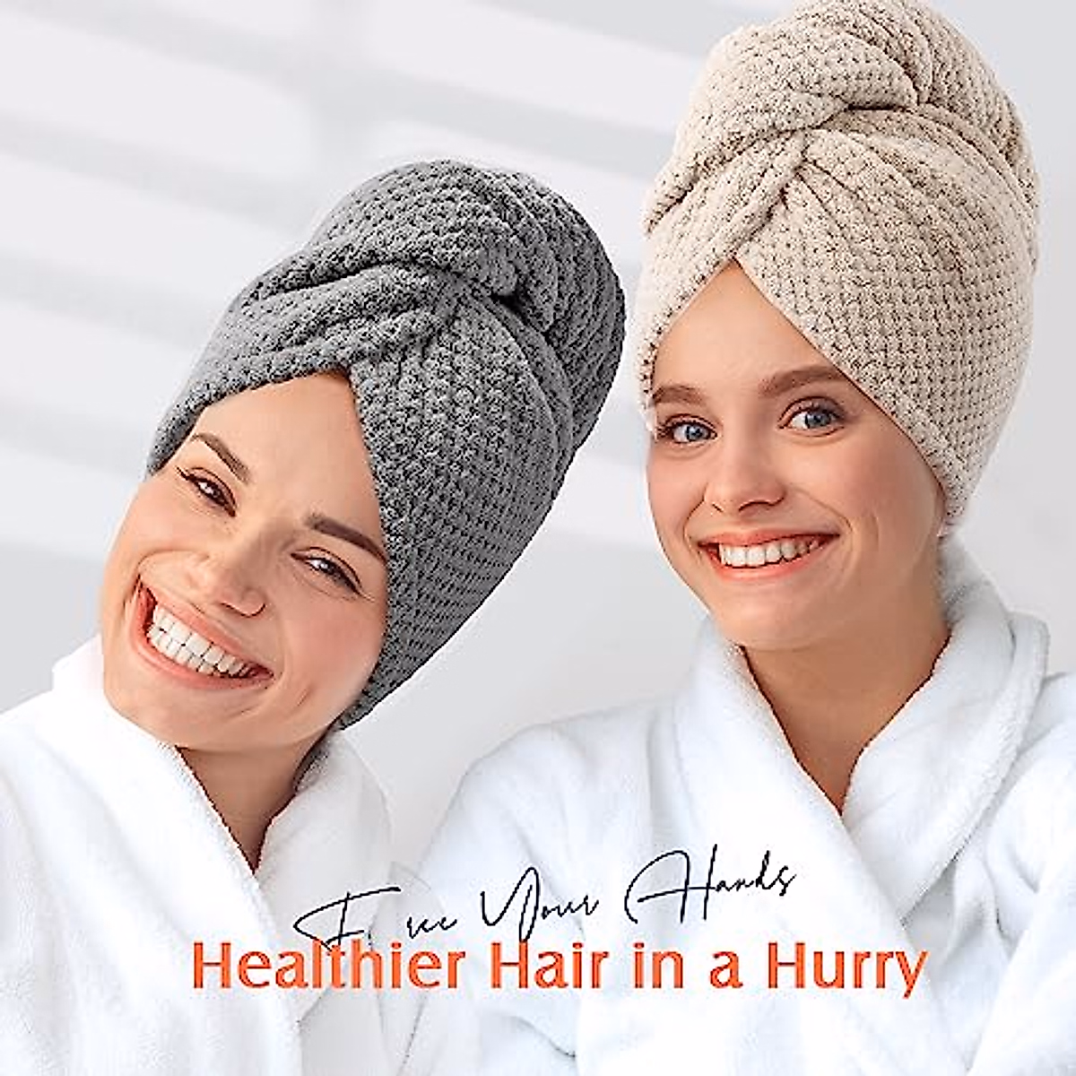 YFONG 2 Pack X-Large Thicken Microfiber Hair Towel Wrap for Women, Super Absorbent & Quick Dry Hair Turban with Button for Curly,Longer,Thicker Hair(Camel+Gray)