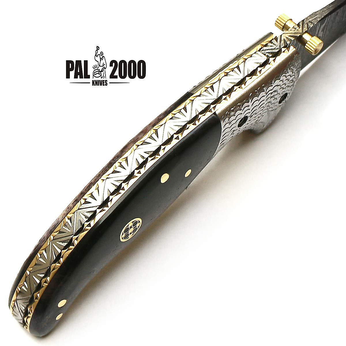 PAL 2000 HUNTING KNIVES FOL-9111 Handmade Damascus Steel Pocket Knife Stained Bone Handle With Sheath
