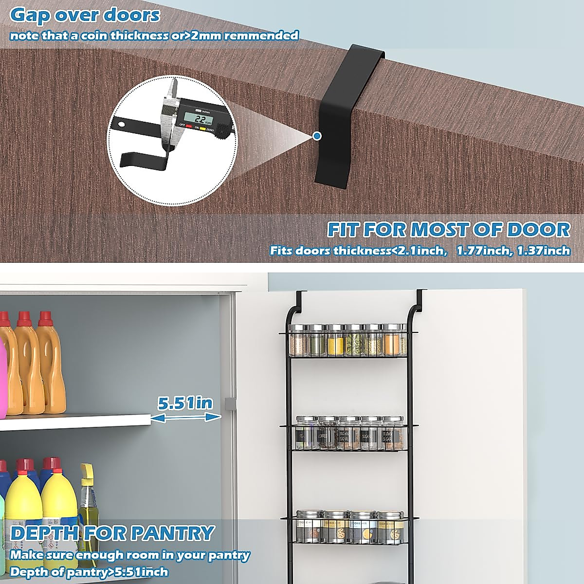 melos White Over The Door Pantry Organizer Rack, 8 Tier Heavy-Duty Metal Back Of Door Shelf Organizer, Over The Door Hanging Spice Rack With 8 Baskets for Closet, Bathroom, Kitchen