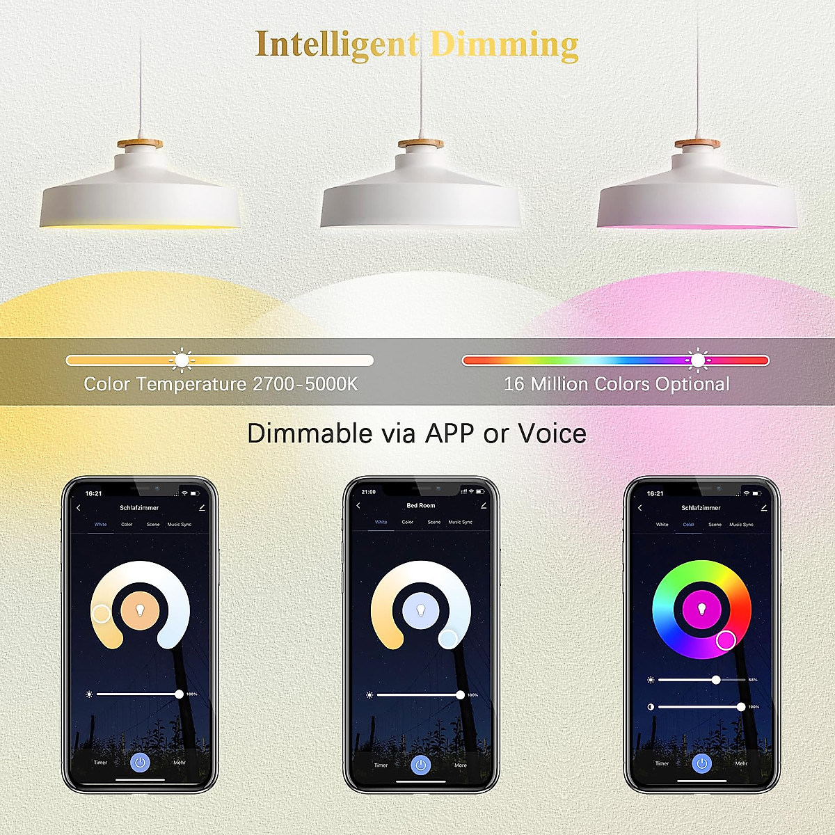DiCUNO Smart Light Bulbs, Full Color Changing Bulb, Work with Alexa, Google Assistant, No Hub Required, RGBCW Multicolor Dimmable Smart LED WiFi Bluetooth A19 E26 9W 800LM Lights, 1-Pack