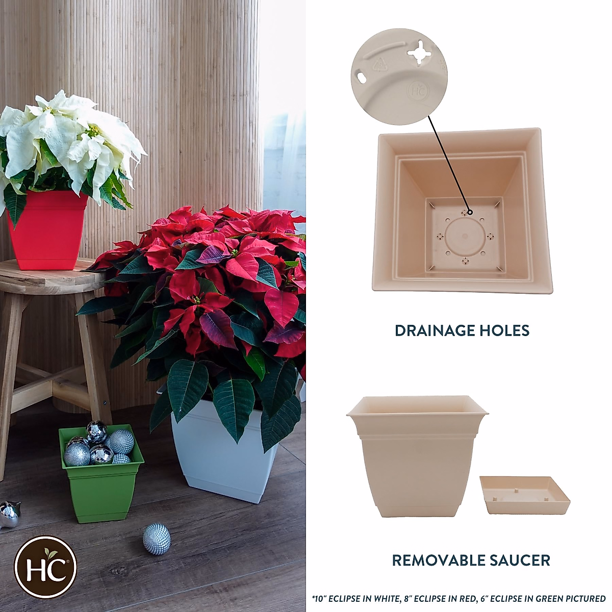 The HC Companies 8 Inch Eclipse Square Planter with Saucer - Indoor Outdoor Plant Pot for Flowers, Vegetables, and Herbs, Cottage Stone