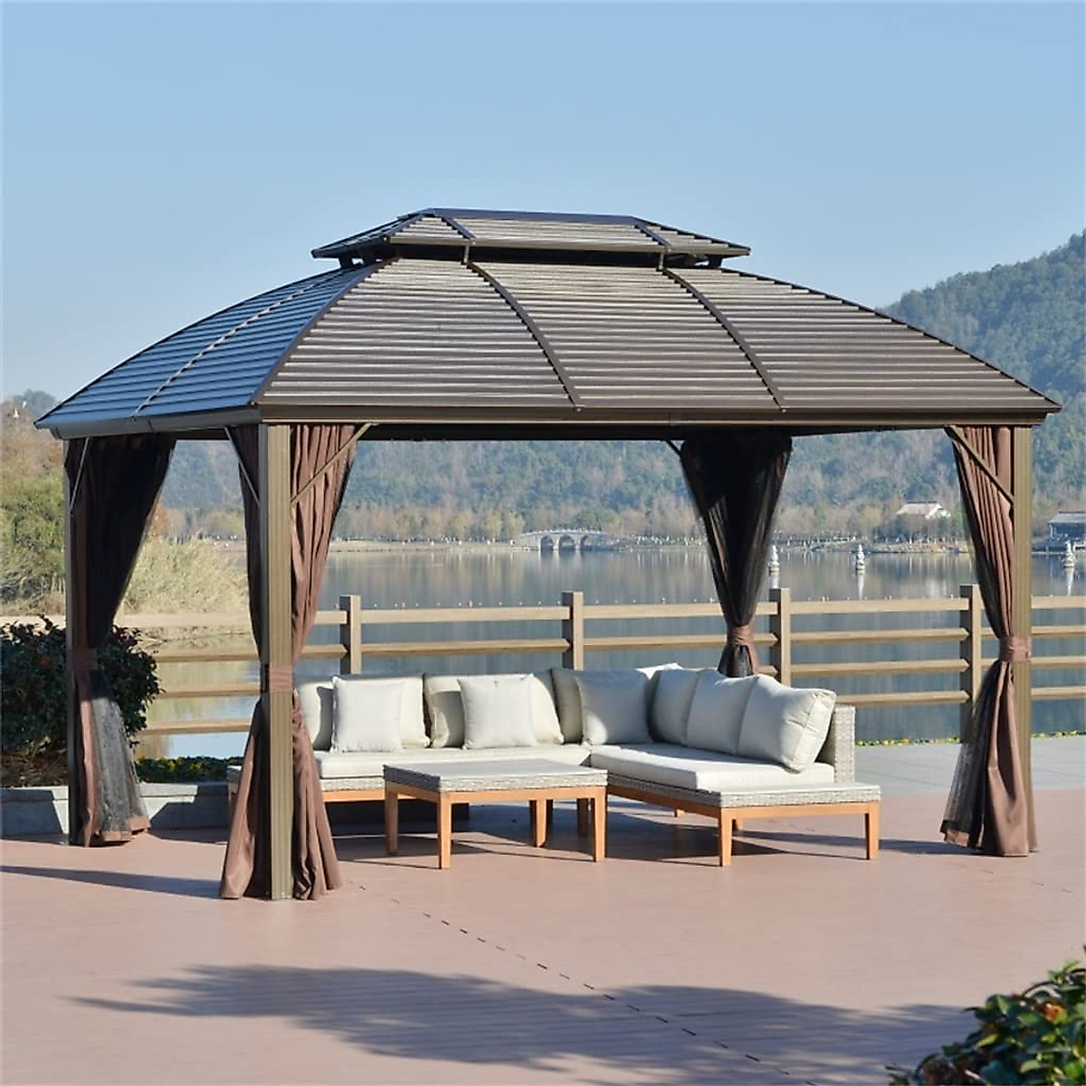 LUKEO 10x12 Hardtop Gazebo with Aluminum Frame, Metal Roof Gazebo Canopy with Curtains and Netting for Gardens, Patios