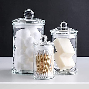 KMwares 3PCs Set Small Mini Clear Glass Premium Quality Apothecary Jars with lids Bathroom Accessories Set for Bathroom Laundry Room Storage or Kitchen / Vanity Organizer Canisters for Cotton Balls / Swabs, Makeup Sponges, Bath Salts, Q-Tips (Clear)