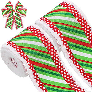 2.5 Inch 12 Yards Christmas Wired Ribbon Red Green White Stripes Xmas Ribbon for Tree Polyester Snowdrift Wired Edge Ribbon for Gift Wrapping DIY Christmas Tree Bows Wreaths Craft Decoration