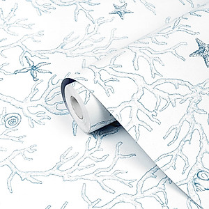 Akywall Ocean Wallpaper Peel and Stick White and Blue Contact Paper Textured Sea Coral Starfish Shells Self Adhesive Vinyl Roll Stick on Wallcovering Cute for Home Decor 78.7in