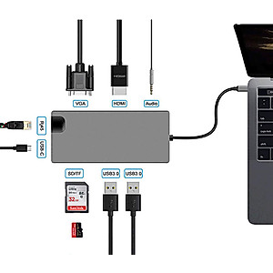 XUNMAIFHB Portable Docking Station,Adapter 9-in-1 Docking Station Multi-Function hub hub USB3.0, HDML, RJ45, TF/SD, Type C, VGA, Audio Jack Fast Transmission