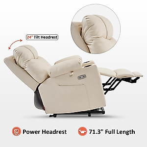 MCombo Small Power Lift Recliner Chair Sofa with Massage and Dual Heating, Adjustable Headrest for Elderly People Petite, USB Ports, Fabric 7111 (Single Motor, Cream White)