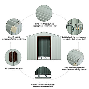 FurGenius 8x4 Ft Outdoor Storage Shed, Metal Utility Tool Shed with Waterproof Sloping Roof, Punched Vents and Sliding Lockable Doors, Garden Storage House for Backyard Lawn, White