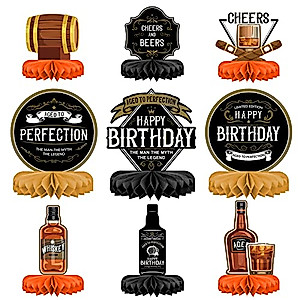 Whiskey pattern Birthday Party Decorations for Men Aged to Perfection Table Centerpiece Whiskey Honeycomb Table Toppers for 30th 40th 50th 60th 70th 80th Birthday decorations