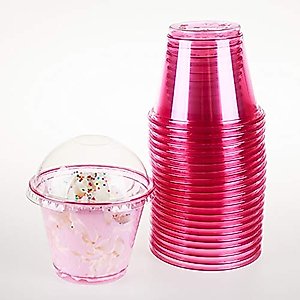 Golden Apple, 9oz-25sets Pink Red Plastic Cups with Clear Dome lids No Hole(25cups + 25lids)…