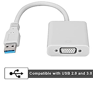 Mini USB to VGA Adapter, USB to VGA Cable Adapter Converter, USB 3.0 to VGA Adapter Cable for Computer (White)