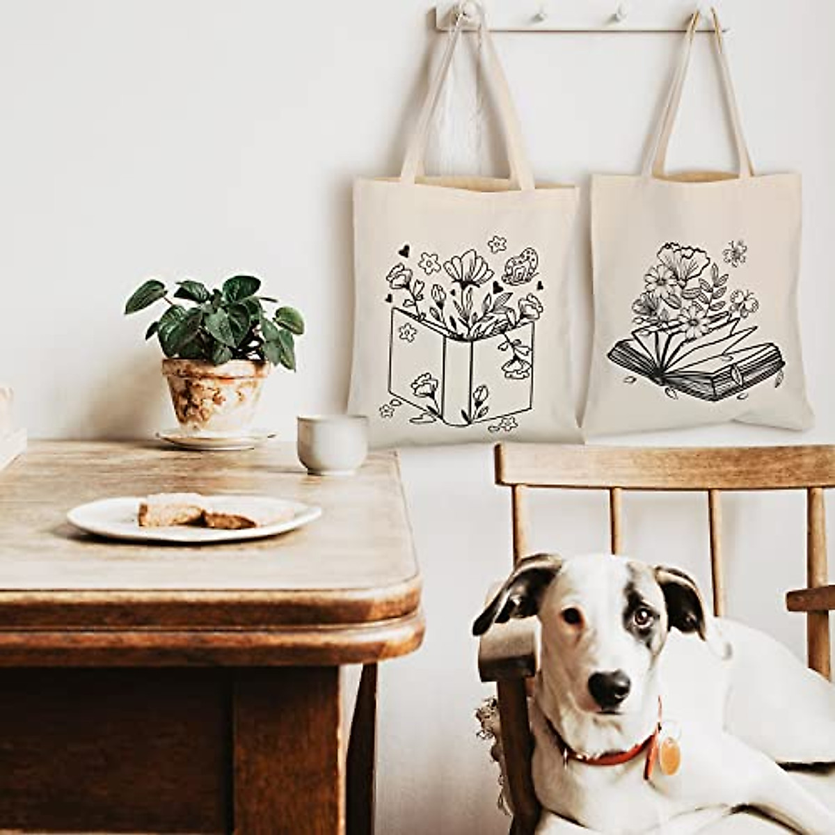 Oudain 4 Pcs Cat Tote Bag for Women Floral Book Space Mushroom Canvas Tote Bag Bulk Cute Aesthetic Library Shoulder Tote Bag (Floral)