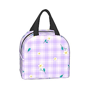 Plumeria Purple Lilac Violet Flower On Purple Plaid Lunch Box Bento Box Insulated Lunch Boxes Reusable Waterproof Lunch Bag With Front Pocket For School Office Picnic
