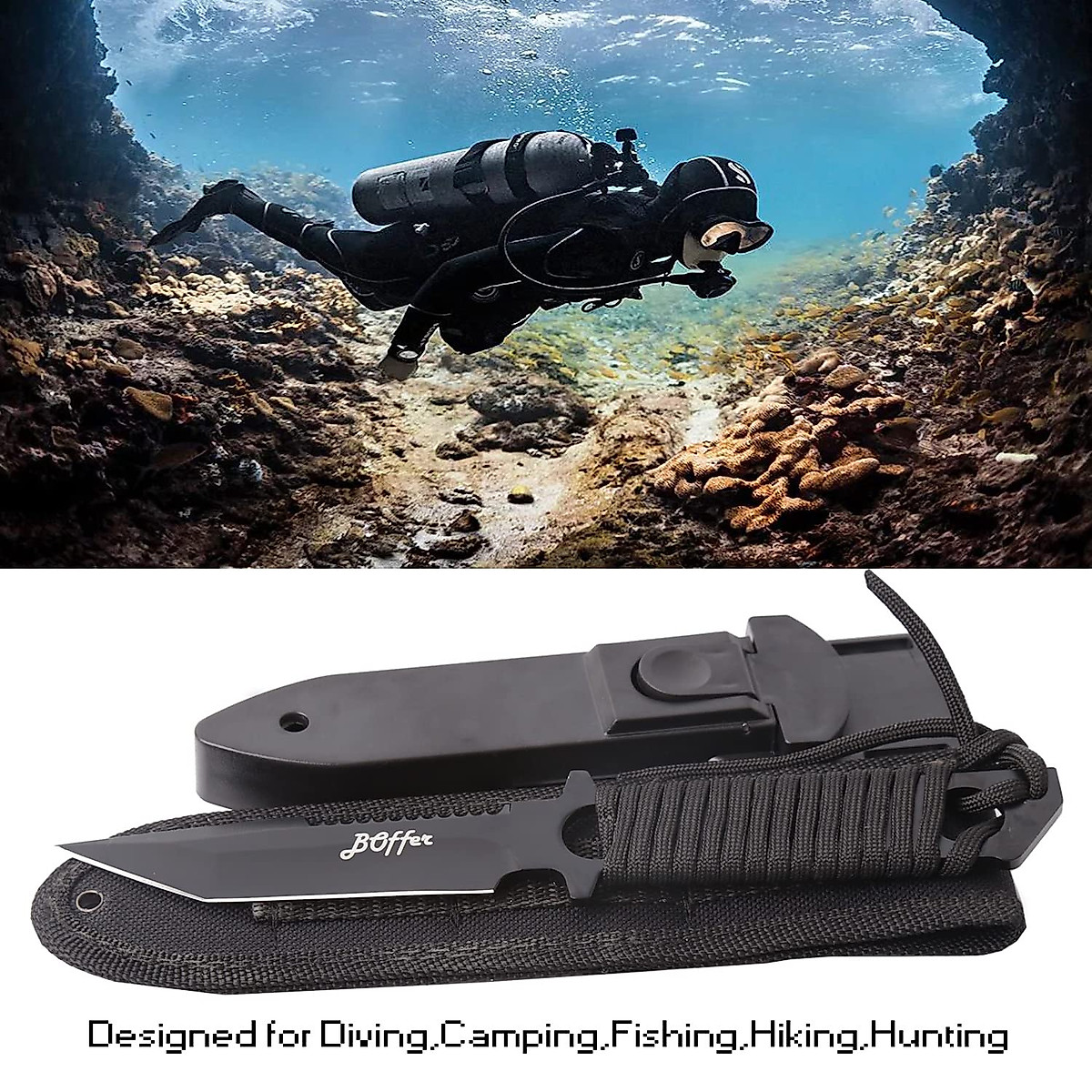Dive Knife Scuba Diving Knife, Black Tactical Sharp Blade knives, Divers dive tool with 2 Types Sheaths,Sawing Edge and 2 Pairs Leg Straps for Snorkeling,Hunting,Camping