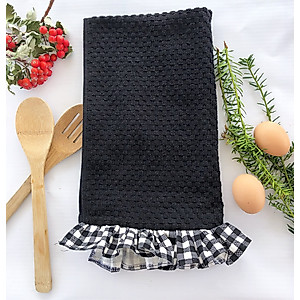 Waffle Kitchen Towel, Black and White Buffalo Plaid Ruffle Embellishment, Farmhouse Home Decor, Drying Dishclothes