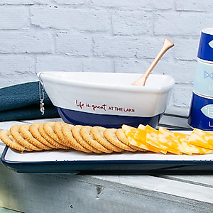 Pavilion - Life Is Great At The Lake - 12 Oz Stoneware Boat Dish Server With Wooden Oar Scoop,Blue