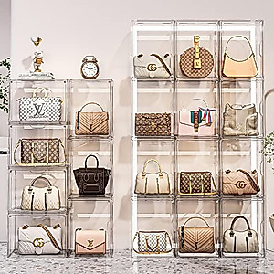 WMM 3 Packs Clear Handbag Storage Organizers for Closet, Plastic Acrylic Handbag Purse Shoes Toy Display Case, Stackable Magnetic Drop Front Storage Organizer