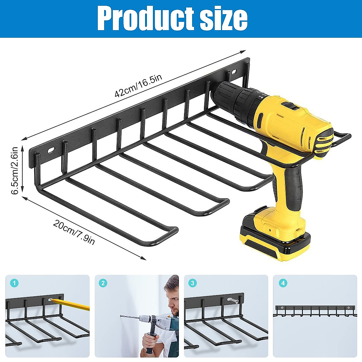Homtgoe Drill Storage Rack Wall Mounted Power Tool Organizer Heavy Duty Steel Floating Tool Shelf Space Saving Electric Drill Storage Rack Anti-Slid Storage Rack for Garage Home Workshop Shed