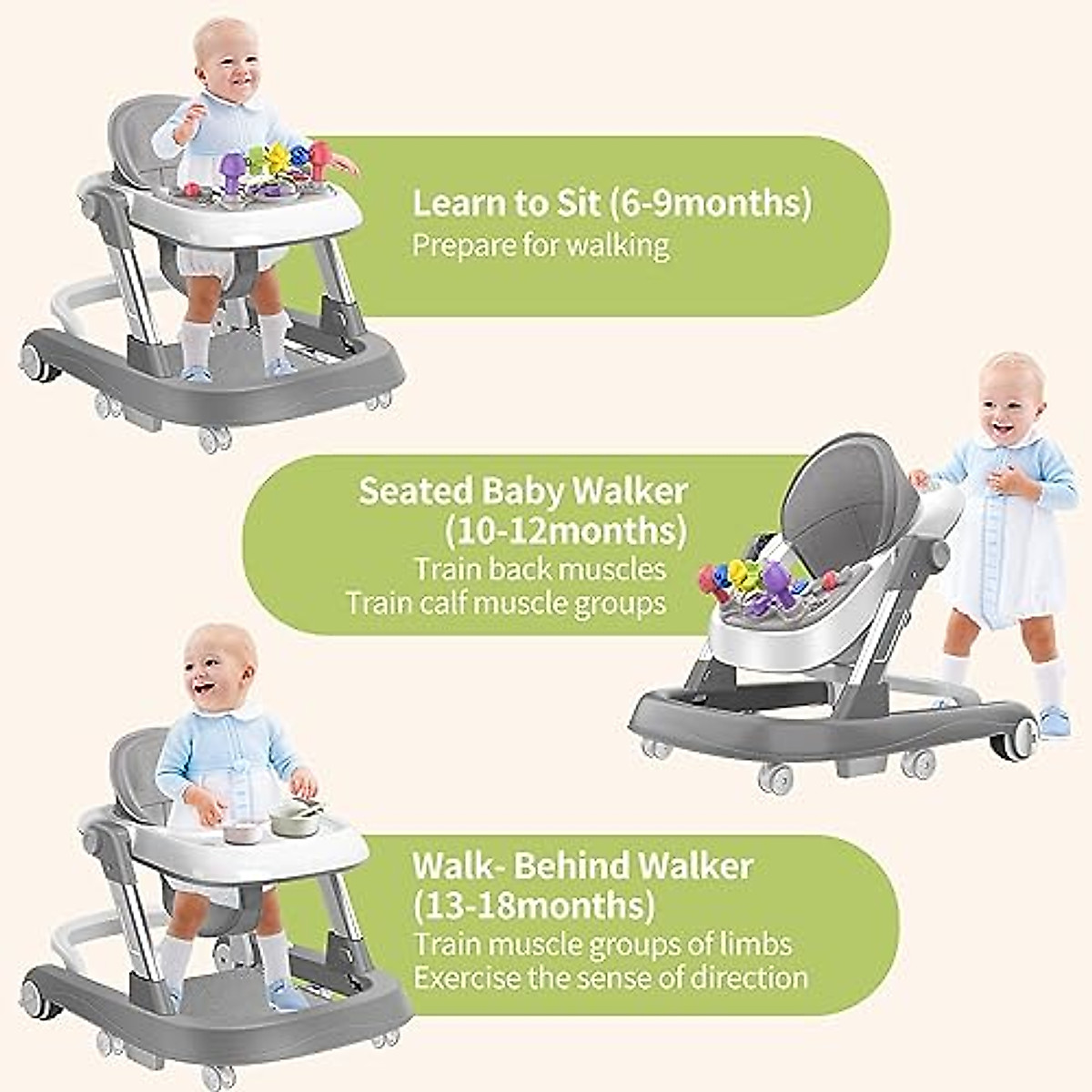 Baby Walker with Wheels, 2-in-1 Activity Walker Learning-Seated, Walk-Behind, Removable Play Tray, Adjustable Height & Speed, Foldable Baby Walker for Boys and Girls from 6-18 Months with Footrest…