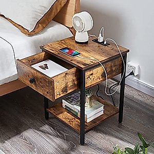 SUPERJARE Nightstand with Charging Station and USB Ports, Side Table End Table with Drawer, Open Storage Shelf and Steel Frame, Bedside Table for Small Spaces, Rustic Brown