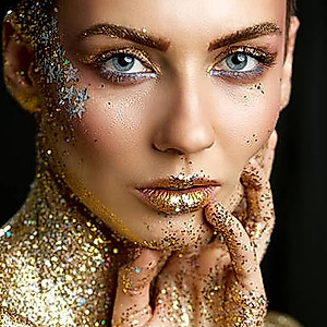 MEICOLY Gold Body Glitter Gel,Mardi Gras Carnival Accessories,Face Glitter for Women,Mermaid Sequins Holographic Chunky Glitter for Music Festival,Face,Body,Hair,Lip Sparkling Body Glitter,Gold