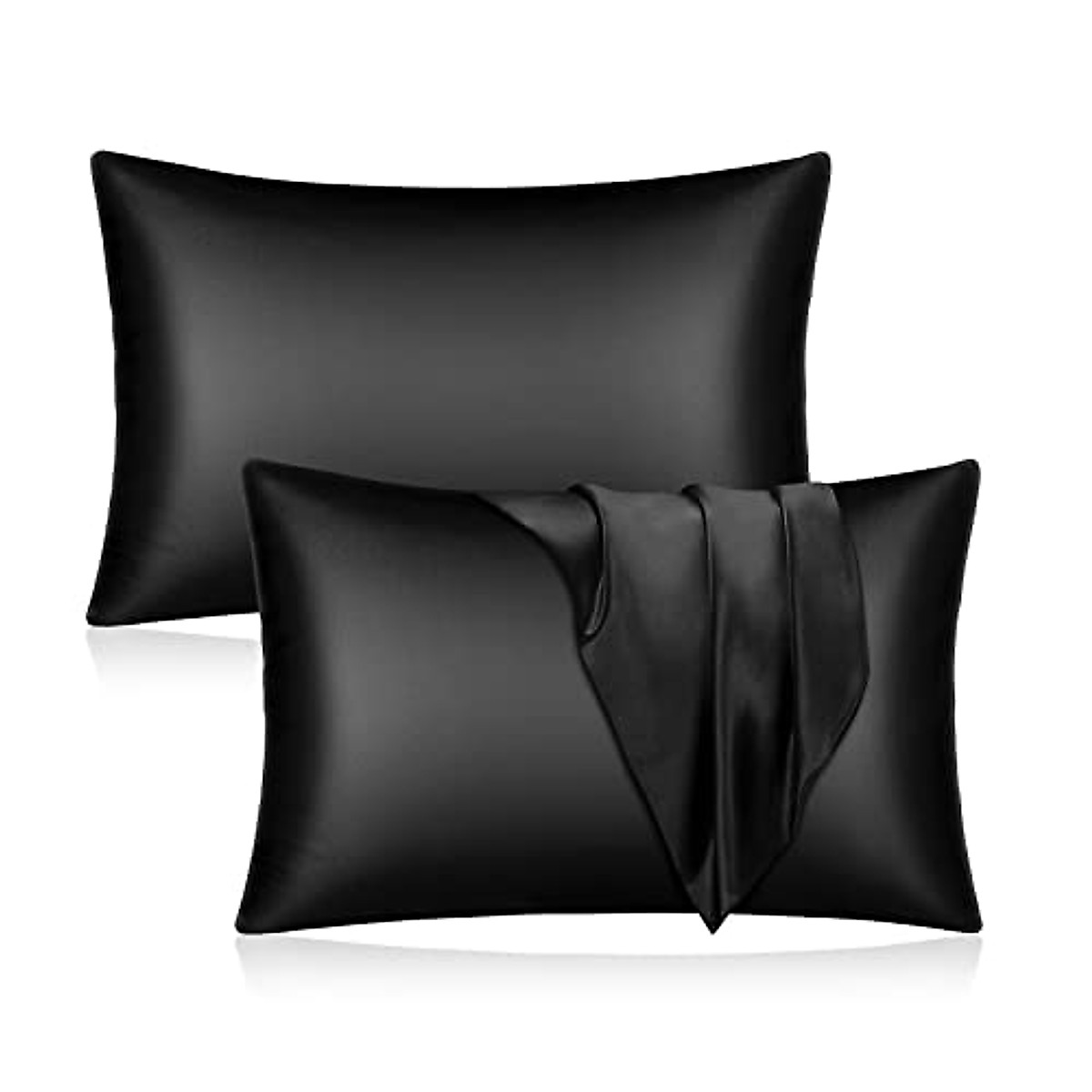 YUHX Silk Satin Pillowcase for Hair and Skin, Black Standard Size Pillowcase Set of 2, Soft Silky Pillow Cases with Envelope Closure (20x26 inches,Black)