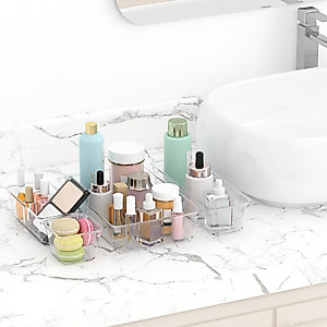 JIUYOTREE 15 PCS Clear Plastic Drawer Organizers Set 4 Size Cosmetic Clutter Organizer Storage Trays Bins for Makeup Gadgets Utensils Jewelry Office Accessories and Bathroom Supplies