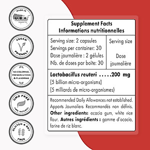 Supersmart - Lactobacillus Reuteri 5 Billion CFU per Day - Probiotic Supplement | Non-GMO & Gluten Free - 60 DR Capsules