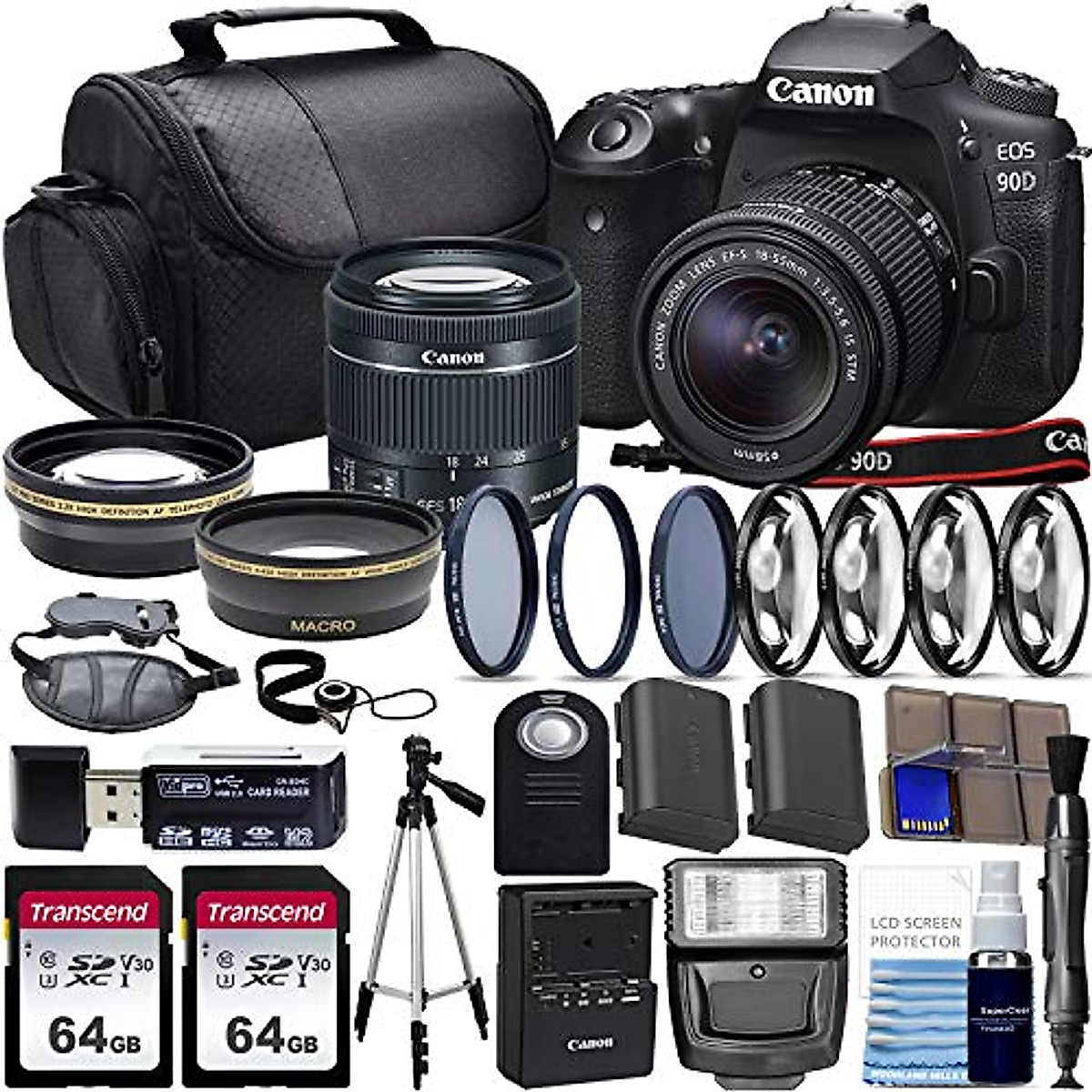 Canon EOS 90D DSLR Camera with Canon EF-S 18-55mm STM Lens 3 Lens Bundle with Wide Angle Lens, Telephoto Lens, 128GB Memory, 3PC Filter Kit and Complete Photo Bundle (Renewed)