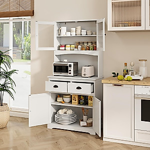 SILKYDRY 67” Kitchen Hutch Storage Cabinet, Tall Pantry Buffet Cabinet with Glass Doors, Adjustable Shelves, 2 Large Drawers, Dining Room Cupboard, Kitchen Hutch with Countertop