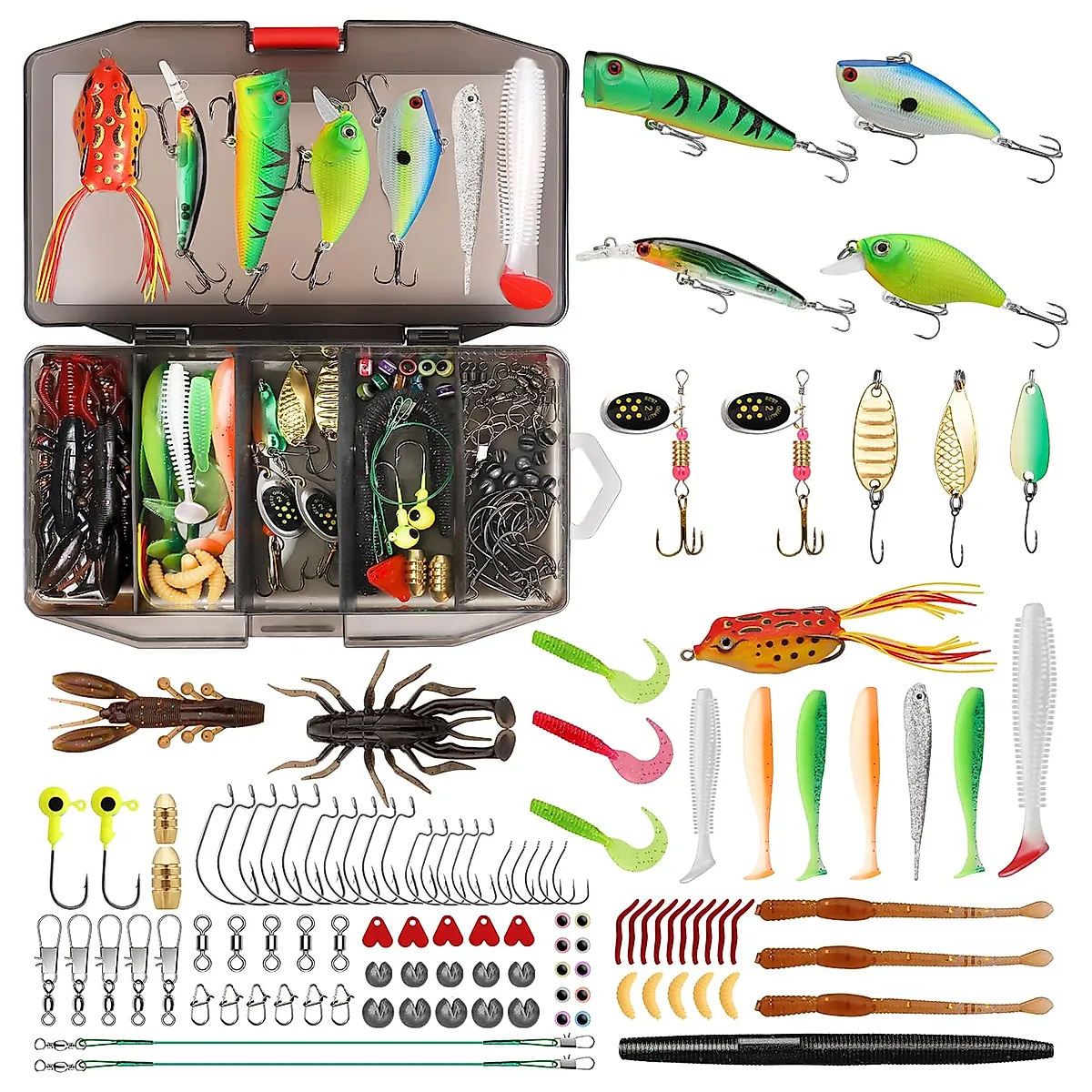GOTOUR Fishing Lures Accessories Kit with Tackle Box, Fishing Hooks Minnow Crankbait Frog Popper Lure Worm Fishing Spoon Spinner Bait for Bass Crappie, Fishing Gear Freshwater Equipment Gifts for Men