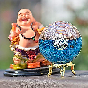 Orgonite Crystal Blue Aquamarine Crystal Ball with Stand for Positive Energy, E-emission Protection and Chakra Balancing –with Flower of Life Symbol to Promote Purpose, Serenity and Courage
