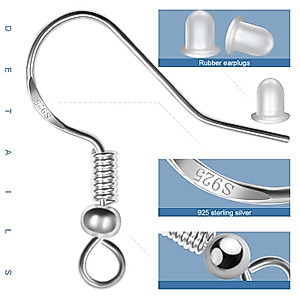 925 Sterling Silver Earring Hooks 120 PCS/60 Pairs, Ear Wires Fish Hooks, Hypo-allergenic Jewelry Findings Parts with 120 PCS Clear Silicone Earring Backs Stoppers for DIY Jewelry Making