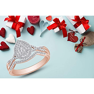 AFFY 0.25 Carat (Cttw) Round White Natural Diamond Pear Frame Infinity Split Shank Engagement Wedding Bridal Ring Set In 10k Solid Rose Gold (I-J Color, I2-I3 Clarity, 1/4 CT) Ring Size-5