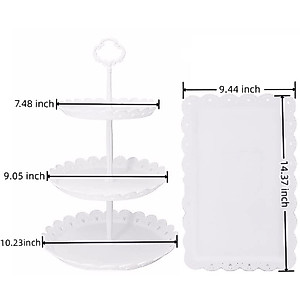 Set of 4 Dessert Stand Set, 3 Tiers White Plastic Cupcake Stand Holder & Rectangle Plastic Party Serving Trays/Platters for Wedding Birthday Baby Shower Tea Party Buffet