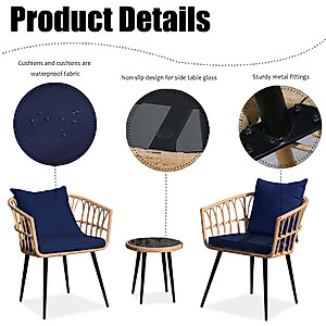 SoarFlash 3 Pieces Outdoor Wicker Bistro Set Rattan Conversation Set with Coffee Table, Patio Chair Set for Lawn, Garden,Backyard, Deep Blue