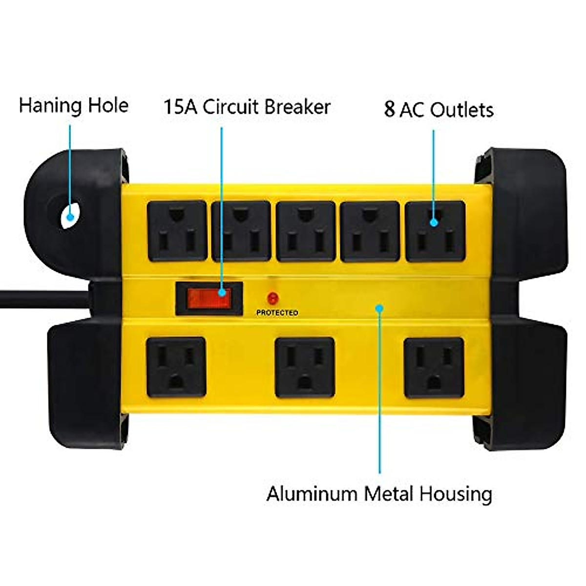 CCCEI Heavy Duty Power Strip Surge Protector for Appliances, 8 Outlet Workshop Power Strip with 1200 Joules Surge, Metal Power Strip with 6FT Extension Cord and Wide Spaced, Yellow