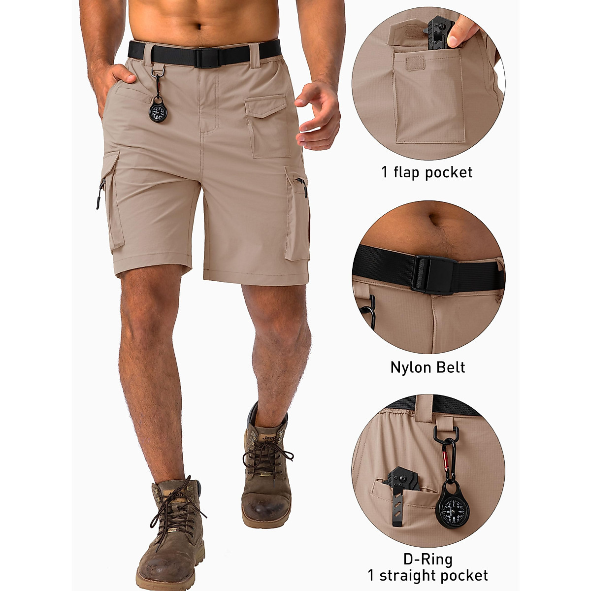 Viodia Men's Hiking Cargo Shorts Stretch Tactical Shorts for Men with 8 Pockets Quick Dry Lightweight Shorts for Work Golf Fishing Dark Khaki