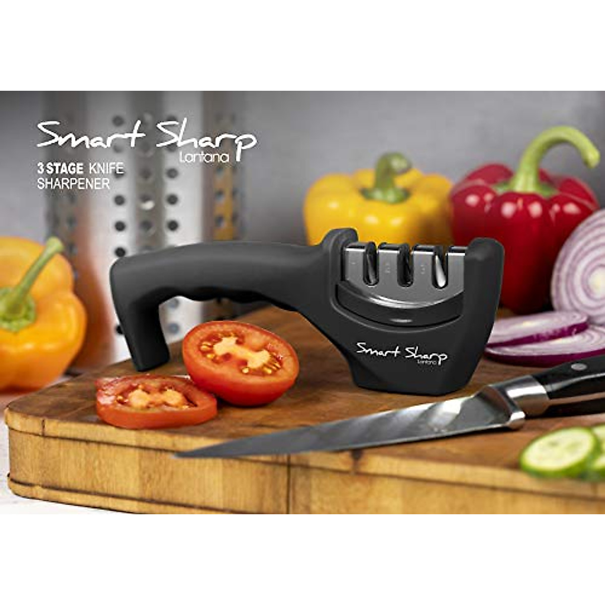 Lantana Smart Sharp Knife Sharpener - Professional 3 Stage Manual Sharpener for Sharpening Kitchen Knives - Ceramic Stone, Tungsten Carbide Plates, Diamond rods. Ergonomic Design, Black/Chrome Finish