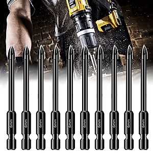 10Pcs Masonry Drill Bits Set, 6mm Glass and Tile Drill Bit, 1/4 Hex Shank Tungsten Carbide Tip Drilling Tools for Mirror Ceramic Tile on Concrete and Brick Wall