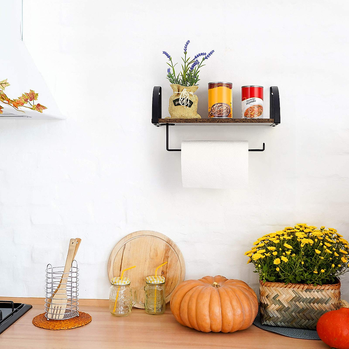 BTY Paper Towel Holder with Shelf, Vintage Farmhouse Wall Mounted Paper Towel Holder Under Cabinet Spice Rack for Kitchen, Bathroom Toilet Paper Dispenser - Rustic Brown