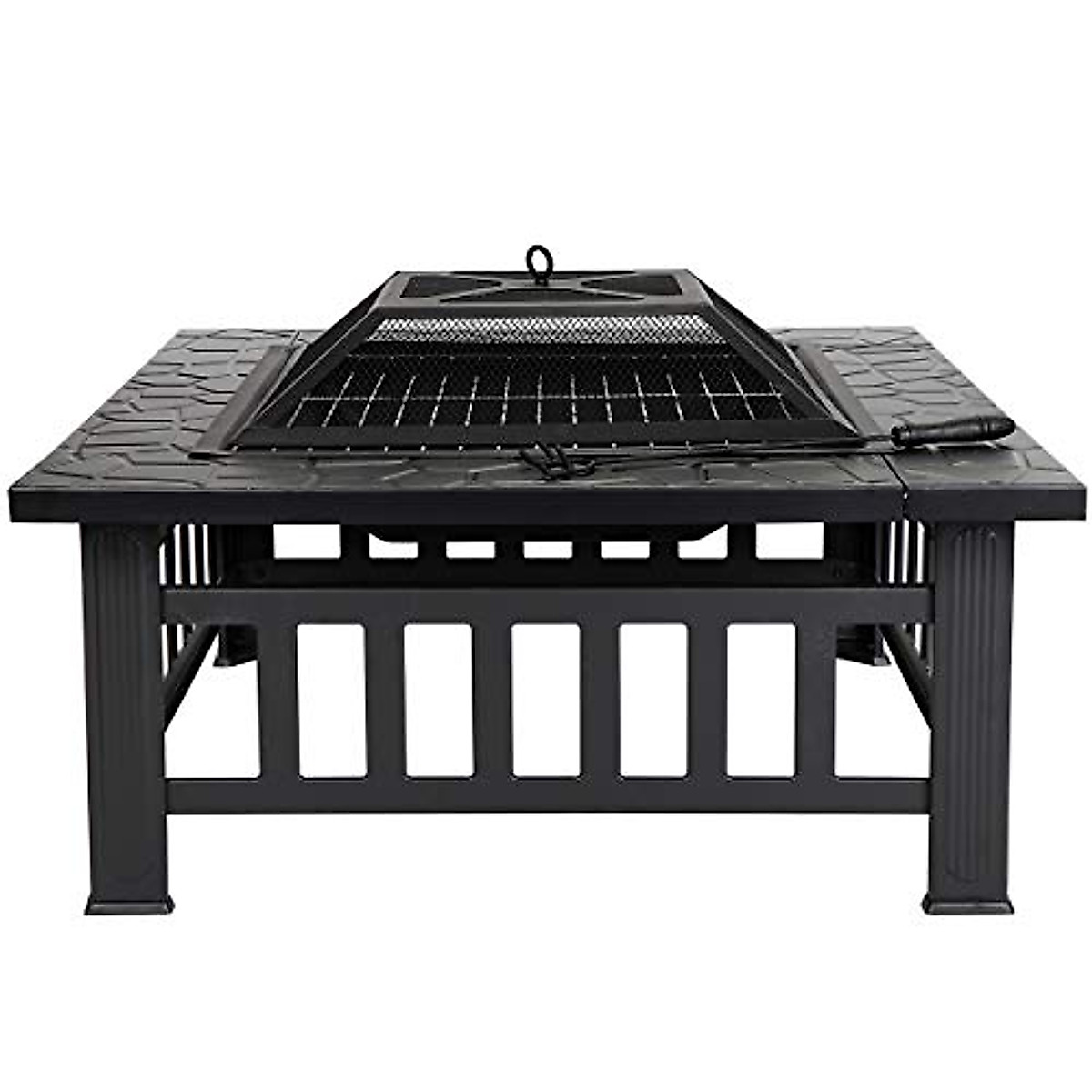 HANGKAI 32in Square Fire Pit Backyard Patio Garden Stove Wood Burning Fireplace -3 in 1 BBQ Grill, Cooler, and Fire Bowl w/Large Spark Screen, Log Poker and Cover