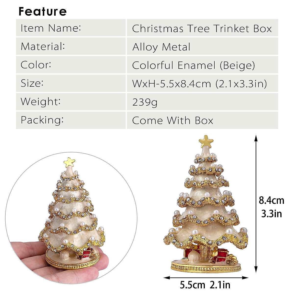 QFkris Christmas Tree Jewelry Trinket Boxes Hand Painted Enameled with Shinning Rhinestones, Ring Holder, A Surprise Gift Christmas Decor