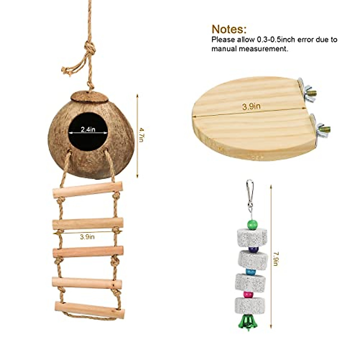 Coconut Bird Nest Coco Bird Hide Shell with Ladder,Parrot Hanging House Cage with Bird Perch Cage Accessories Exercise Toy Habitats for Parrot Parakeet Finch Lovebird and Small Animals (H01)